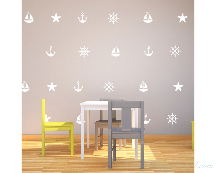 Nautical Wall Decals - Set of Sailboat Anchors Starfish Helm Decals